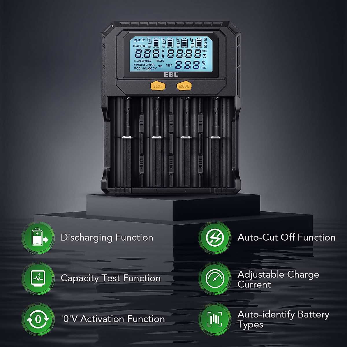 EBL 18650 Battery Charger with Discharge & Testing Functions, Lithium Battery Charger for 3.6V/3.7V/3.85V Li-ion/IMR/INR/ICR/3.2VLiFePO4, 1.2V Ni-MH/Ni-CD Rechargeable Batteries