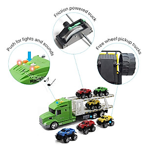 Vokodo Toy Semi Truck And Trailer 20 Inch Push And Go With Lights And Sounds Includes 6 Pickup Cars Kids Big Rig Auto Carrier Vehicle Pretend Play Great Gift For Preschool Children Boys Girls Toddlers