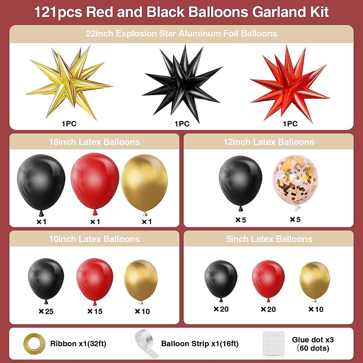 121 Pack Red Black Gold Balloons Arch Kit with Star, Red Black and Gold Balloon Garland for Graduation Anniversary Casino Night Hollywood New Years Movie Night Birthday Decorations