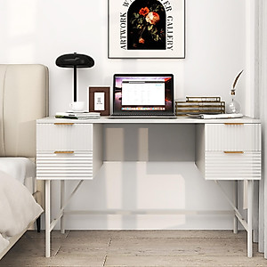 Giantex Modern Desk with 4 Drawers, 48 Inch Computer Desk with Storage, Heavy-Duty Gold Metal Frame, Makeup Vanity Dressing Table, White and Gold Desk for Bedroom Study Home Office