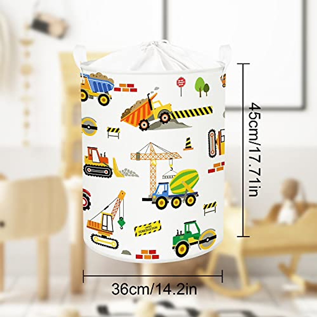Clastyle 45L Cartoon Construction Vehicles Waterproof Laundry Hamper Collapsible Excavators Truck Laundry Basket with Drawstring for Nursery, 14.2 * 17.7 in