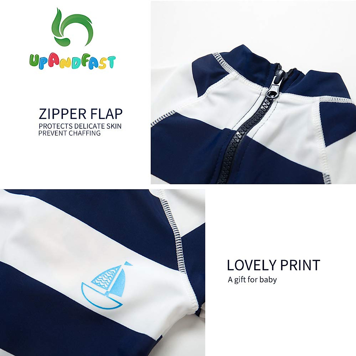 upandfast Baby/Toddler One Piece Zip Sunsuits With Sun Hat UPF 50+ Sun Protection Infant Beach Swimsuit (Stripe(LS), 3-6 Months)