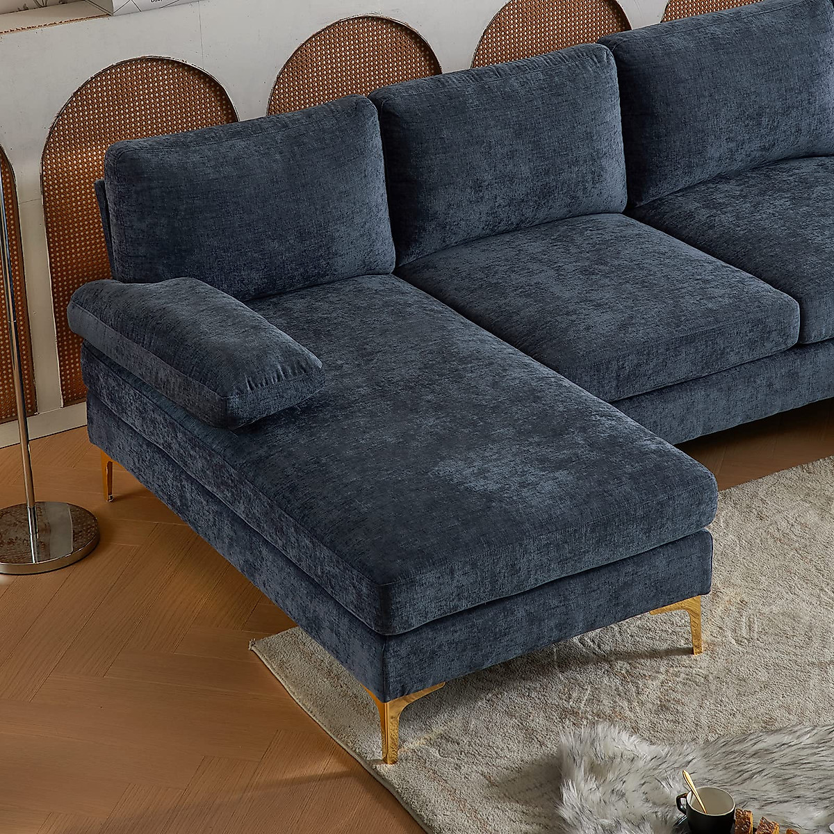 Karl home Convertible Sectional Sofa 110" U-Shape Sofa Couch 4-Seat Couch with Chaise ChenilleFabric Upholstered for Living Room, Apartment, Office, Grey-Blue