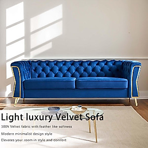 HRVEOCEI 87" Velvet Sofa with Gold Legs, Luxury Tufted Couch for Living Room,Chesterfield Sofa with Thick Cushion, Wide Armrest, High-Density Foam, Golden Metal Frame (Blue)