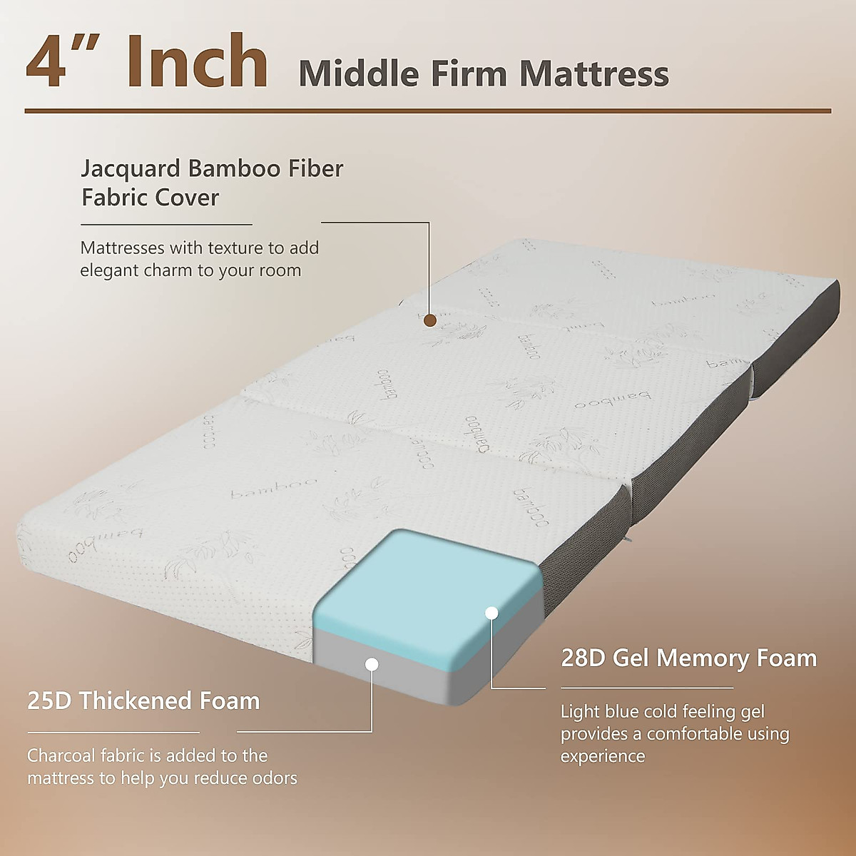 GOFLAME Memory Foam Tri-Fold Mattress, 4” Foldable Floor Mattress with Storage Bag & Removable Cover, Cool Gel Memory Mattress with Bamboo Fabric for Guest Room, Living Room, RV, Camp (Full)