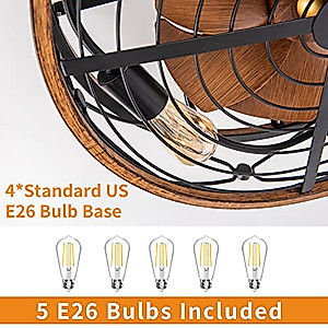TIFEROR Caged Ceiling Fan with Light, 20 in Bladeless Ceiling Fan with Remote Control, 3 Speeds Low Profile Modern Enclosed Ceiling Fans with Reversible Motor, Matte Black (5 E26 Bulb Include)