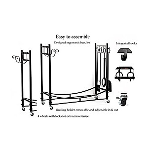 KAG ONE Firewood Storage Rack with Kindling Holder, Black, Metal, 33.4"L x 13"W x 32.9"H, 200 LBS Weight Capacity