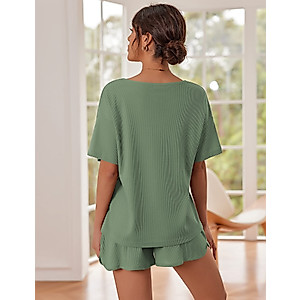 Ekouaer Waffle Knit Lounge Sets for Women 2 Piece Outfits Short Sleeve Top and Shorts Pajama Sets Tracksuit Sweatsuits Grey Green