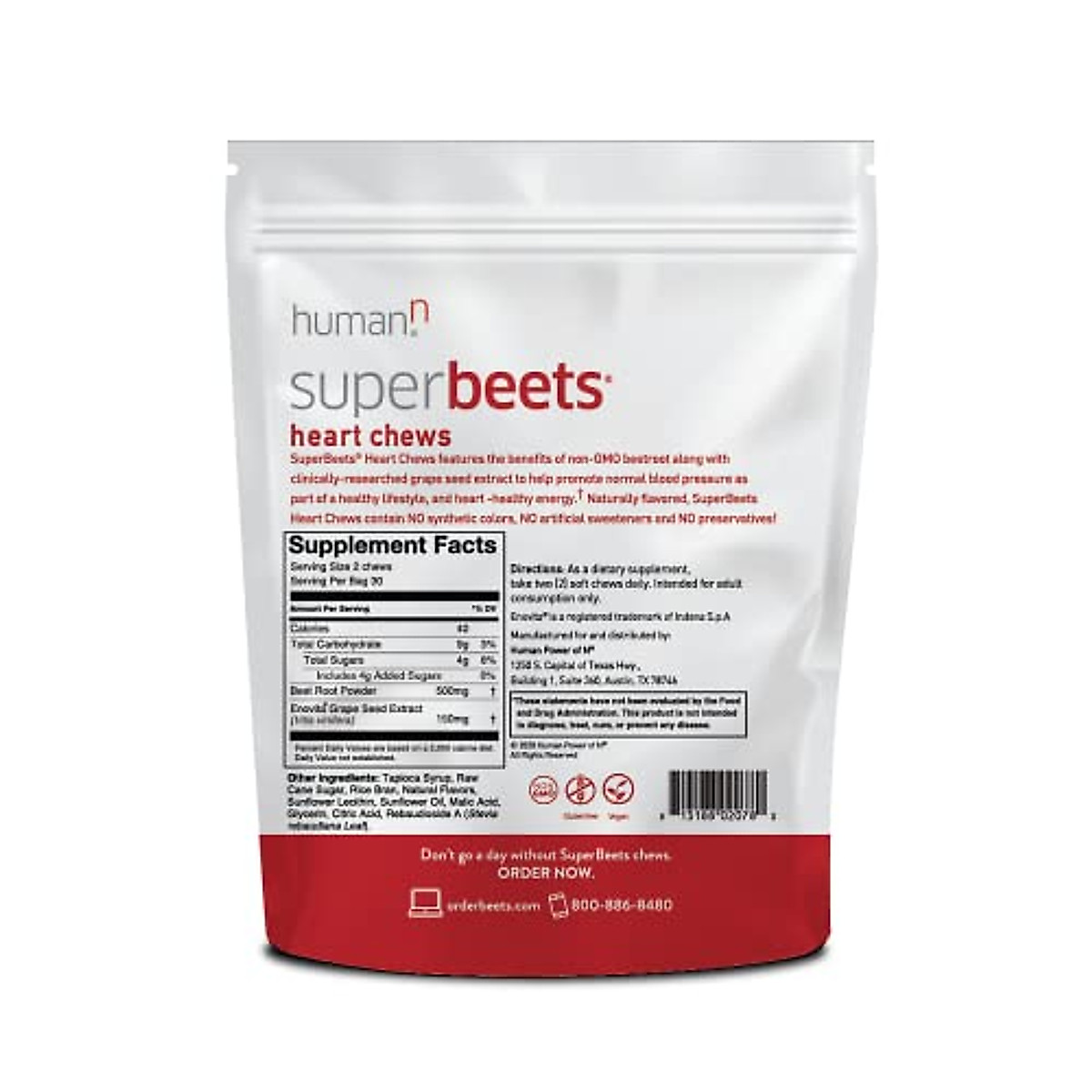 humanN SuperBeets Heart Chews - Nitric Oxide Production and Blood Pressure Support - Grape Seed Extract & Non-GMO Beet Energy Chews - Pomegranate Berry Flavor, 60 Count