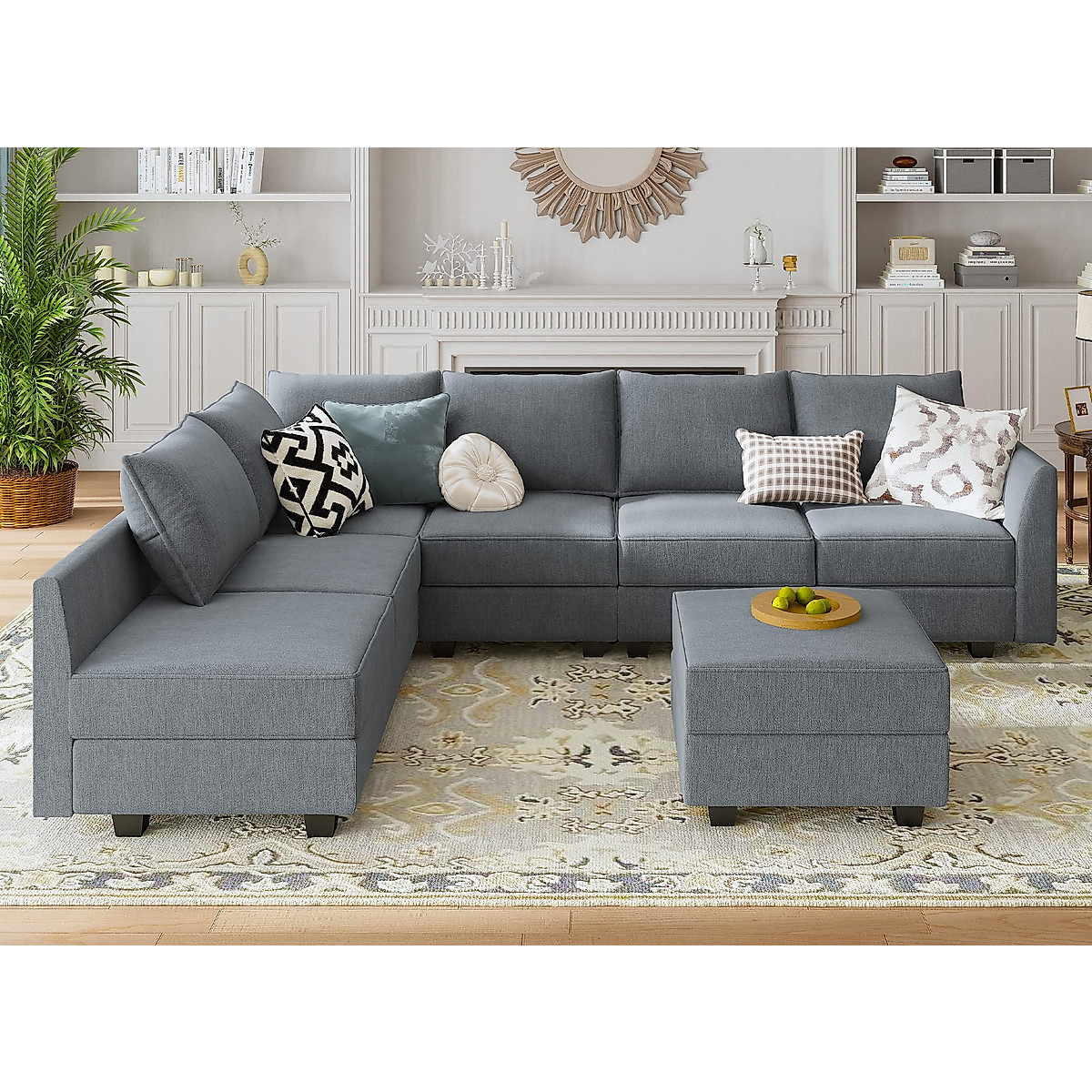 HONBAY Modular Sectional Sofa with Storage Ottoman Fabric Modular Couch with Reversible Chaise 6-Seater L Shape Corner Sofa Sectional Couch, Bluish Grey
