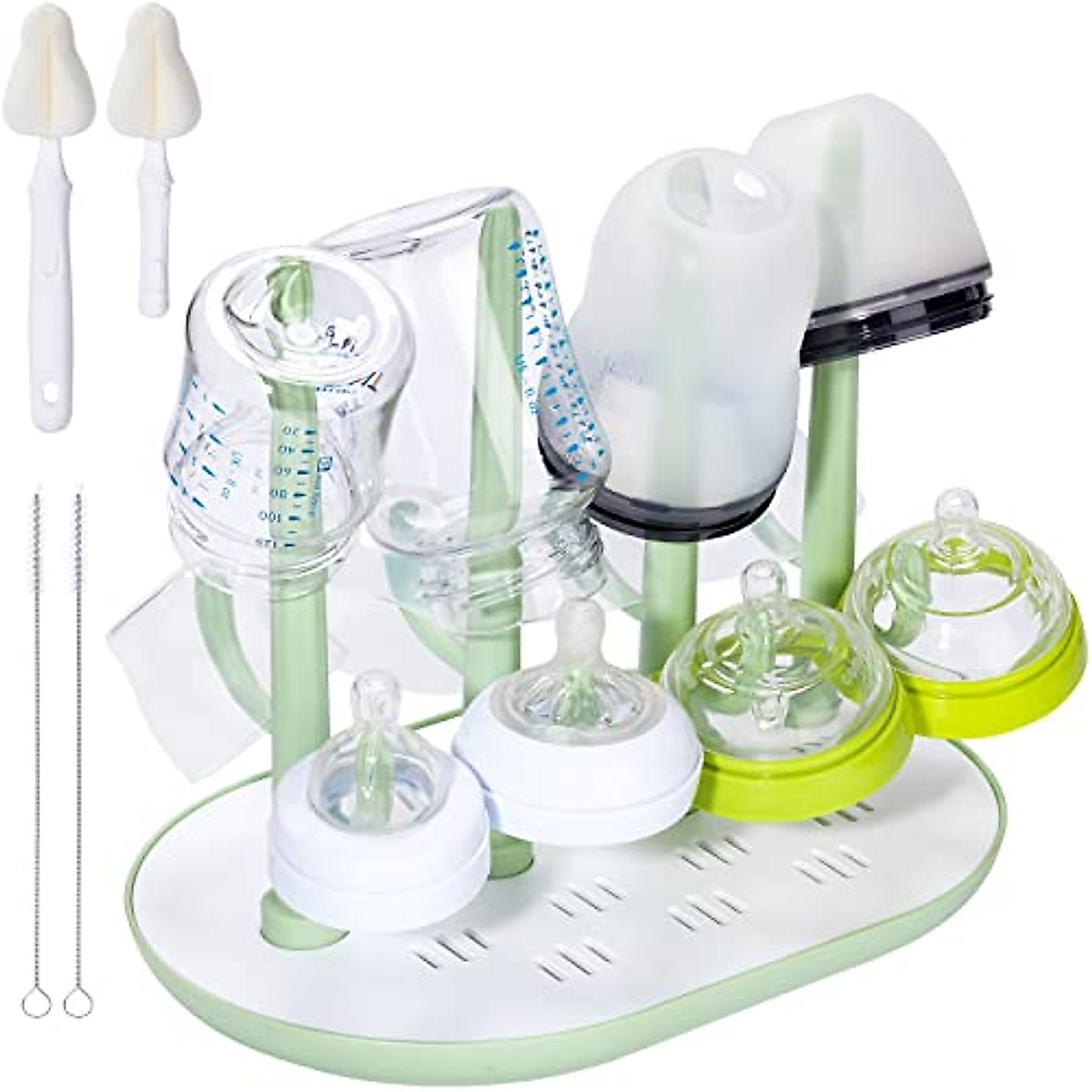 Jumperlay Baby Bottle Drying Rack with 2 Pack Sponge Brush and 2 Pack Straw Cleaner Brushes, High Capacity Countertop Bottle Dryer Holder for 4 Sets of Baby Bottles and Accessories, Green