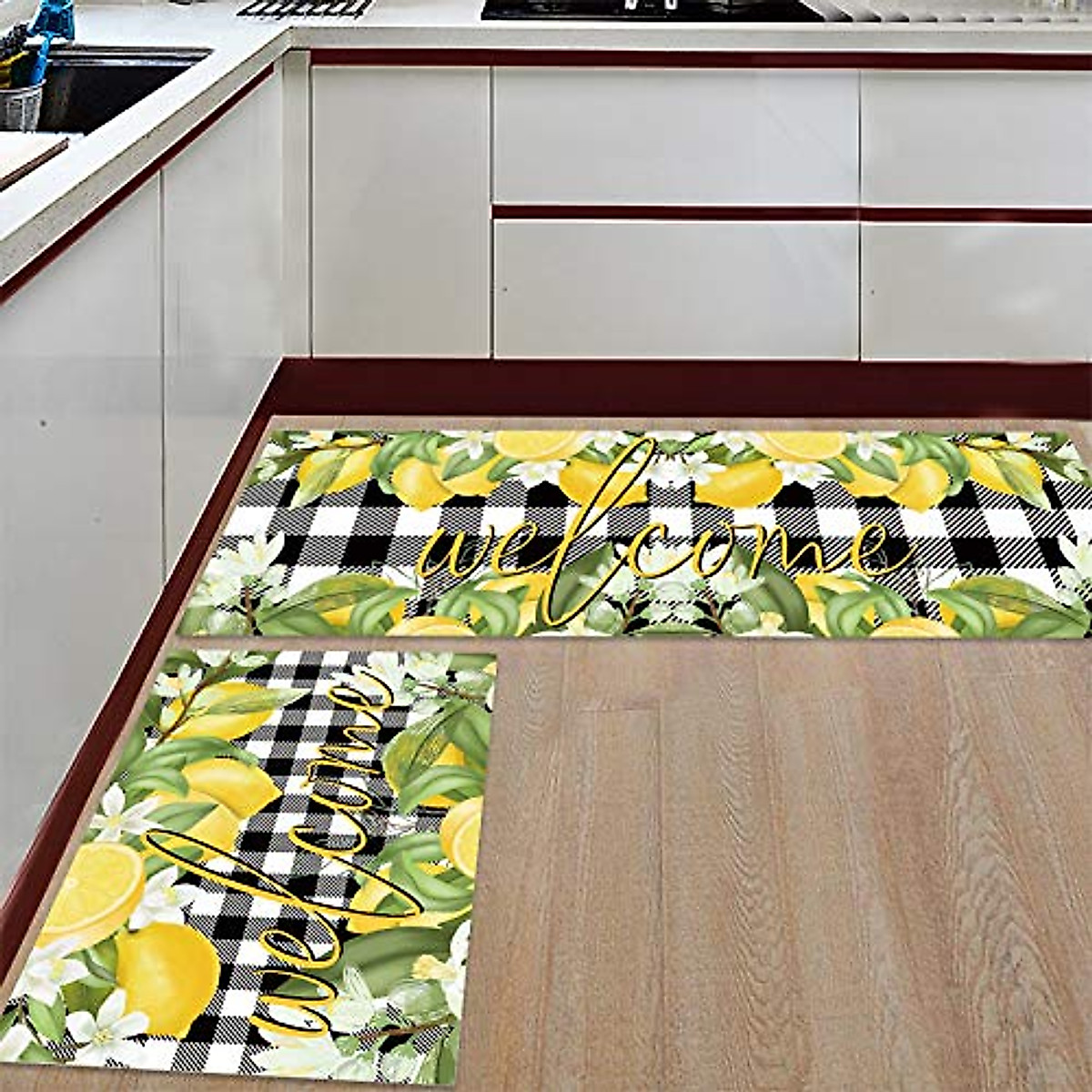 2 Pcs Kitchen Mats Runner Rug Set Anti Fatigue Standing Mat Rubber Backing Welcome Summer Lemon Black and White Buffalo Plaid Print Washable Floor Mat Area Rug for Home/Office 19.7"x31.5"+19.7"x47.2"