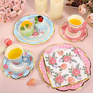 200 Pcs Disposable Tea Party Cups and Saucers Set, 50 Guests Floral Tea Party Supplies Include 9 oz Paper Tea Cups with Handle, 9 Inch Paper Plates, Saucers Napkins for Tea Party Birthday Wedding