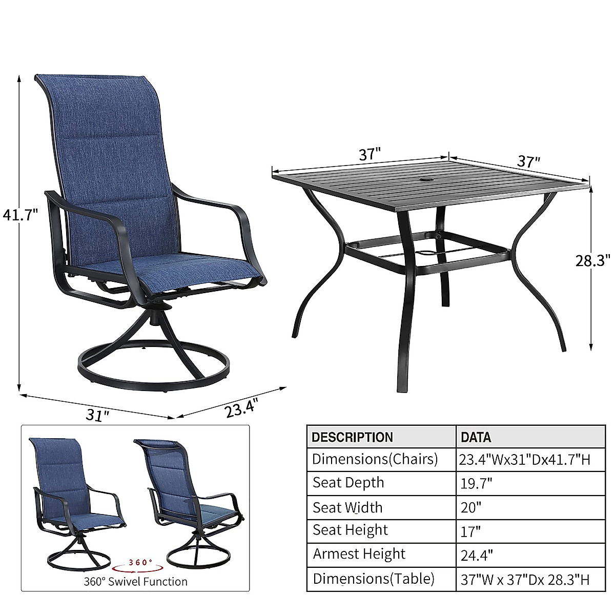PatioFestival Patio Dining Set 5 Pieces Metal Frame Outdoor Furniture Sets Outside Swivel Rocker Chairs Suqare Table with All Weather Frame (Blue)