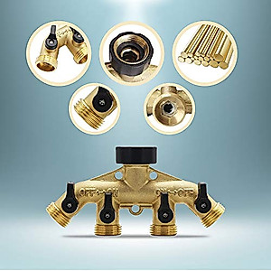 Splittars​ 4 Way Garden Hose Splitter 100% Solid Brass Outdoor Faucet Spigot Splitter, Water Hose Splitter, Hose Manifold, 4 outlets, independent on/off valves, 4 rubber washers, 3/4” Hose Connector
