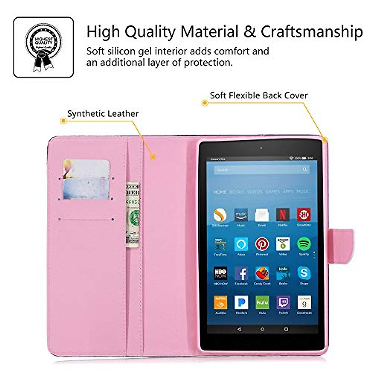UUcovers for Amazon Kindle Fire HD 8 Tablet 2018/2017/2016/2015 Case 8th/7th/6th/5th Generation, Folio Stand Synthetic Leather Magnetic Wallet TPU Back Shockproof Cover with Card Slots, Pink Flower