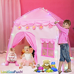 LimitlessFunN 210D Oxford Fabric Flower Kids Play Tent | Includes Star Lights & Carrying Case |, Children Indoor Castle Playhouse for Girls, Toddlers, 39" D x 51" W x 51" H