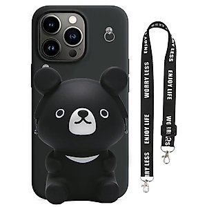 JIATAY Phone Cases for iPhone 15 Pro Max Case Wallet, Silicone 3D Cartoon Phone Zipper Wallet Case with Kawaii Lanyard for Women Girls (Bear Pocket Black, iPhone 15 Pro Max)