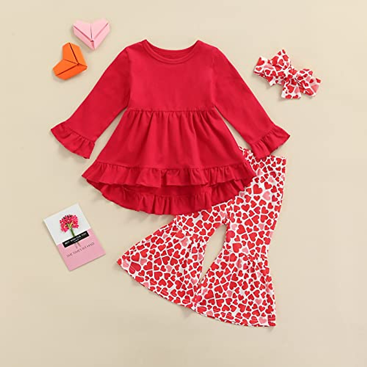 3Pcs Kids Toddler Baby Girl Valentine 's Day Outfits Red Long Sleeve Ruffle Shirt Heart Print Bell Bottom Pant Headband (Red, 90)