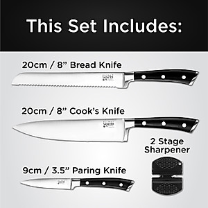 Wrenbury Professional Kitchen Knives Set of 3 German Grade - Sabatier Ultra Sharp Stainless Steel with Sharpener - Full Tang Chef Knife Set - All Purpose Utility Set