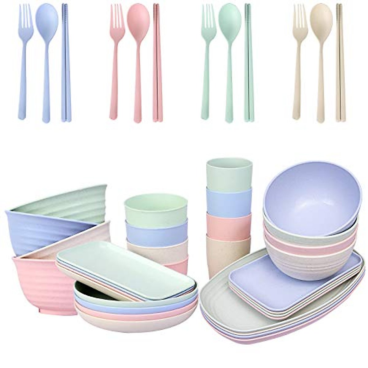 Eco Friendly，Wheat Straw Dinnerware Sets(60pcs)， Multicolor，Lightweight，Degradable ，Durable Dinner Plates Set:Bowls，Cups， Plates Set，Salad Bowls——Microwave and Dishwasher Safe
