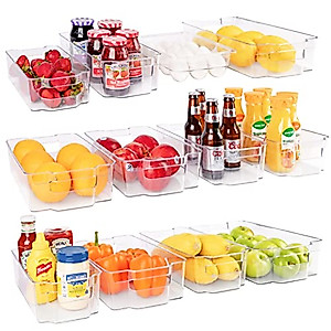 Refrigerator Organizer Bins - Clear Plastic, Stackable, Narrow and Wide Bin Sizes, Egg Tray with Lid. Great Storage for Fridge, Cabinets, Countertops and Pantry. (Set of 12)