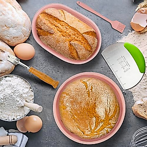 MaMix Banneton Bread Proofing Basket Set of 2, Silicone Sourdough Bread Baking Supplies, 9 inch Round & 10 Oval Sourdough Starter Kit Includes Essential Tools, Easy to Clean and Use (pink)