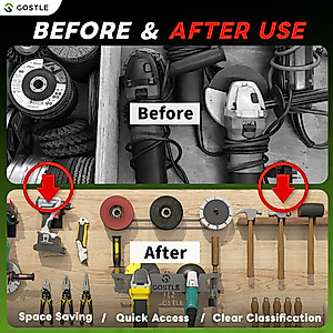 gostle 2 Bay Angle Grinder Holder with Discs Hook Rack, Grinders Power Tools Holder Storage Rack, Wall Mount Organizer Bracket for Cutters Polishers with Cord Hanger and Hooks