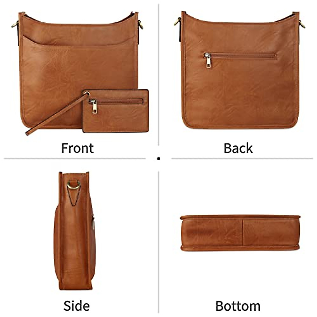 KITATU Crossbody Bag for Women Hobo Handbags - Vegan Leather Designer Purse Shoulder Zipper Bag with 2 Adjustable Straps (Medium, A-Brown(with slim wallet))