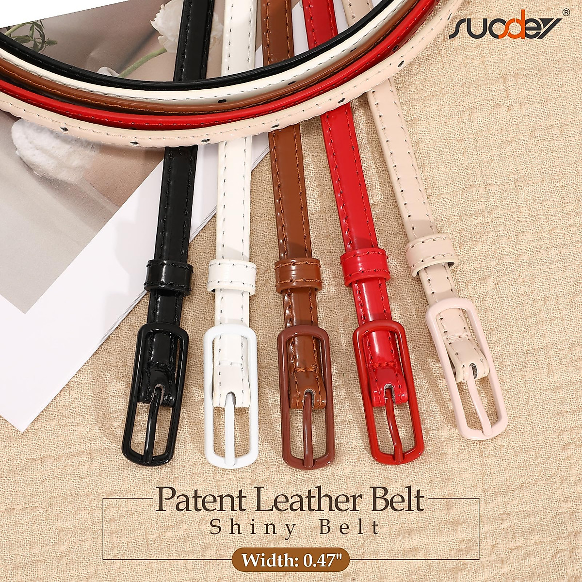 SUOSDEY 4 Pack Thin Belts for Women Skinny Leather Belts with Metal Buckle for Dresses Pants Jeans