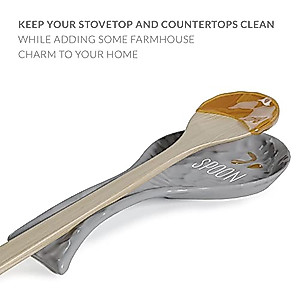Barnyard Designs Ceramic Spoon Rest for Kitchen Counter or Stove Top, Decorative Cooking Utensil or Spatula Holder, Farmhouse Kitchen Decor, Grey, 9.25" x 4"