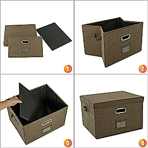 JSungo File Box with 5 Hanging Filing Folders, Document Organizer Storage for Office, Collapsible Linen Storage Box with Lids, Home Portable Storage with Handle, Letter Size Legal Folder, Brown