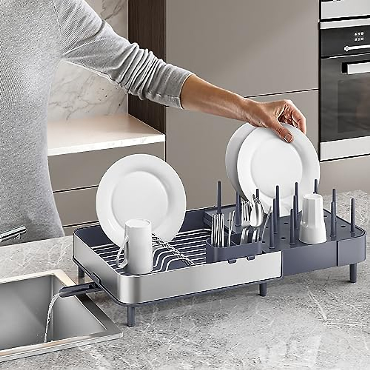 Dish Drying Rack - Expandable Dish Racks - Large Stainless Steel Dish Drainer for Kitchen Counter with Utensil Holder and Cup Holder, Grey