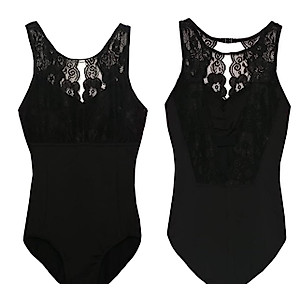 Danz N Motion Womens Tank Leotard Scalloped Lace Back (Black, Large Adult)