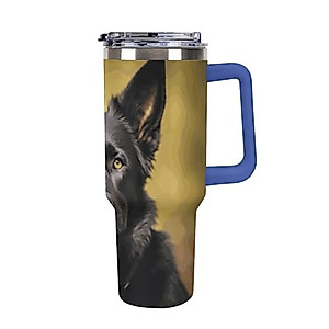 40 Oz Vacuum Tumbler with Deep Blue Handle Leakproof Insulated Tumbler Black German Shepherd Dog Stainless Steel Travel Mug with Lid And Straw Coffee Cup Cute Water Bottles Cup Holder Friendly