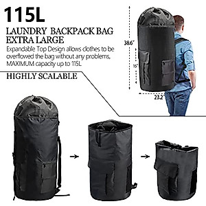 115L Laundry Bag Backpack Extra Large - Heavy Duty Laundry Bag with External Pocket and 2 Pockets with Zipper, Black Durable Laundry Bag with Labor-saving belt, Sturdy Waterproof Laundry Hamper for Travel, Apartment, Laundromat