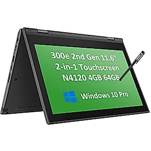 Lenovo 300e 11.6" 2-in-1 Touchscreen Winbook (4-Core Intel N4120, 4GB RAM, 64GB Storage, Stylus, Webcam), Ruggedized, Water Resistant, Convertible Home & Education Laptop, Windows 10 Pro (Renewed)
