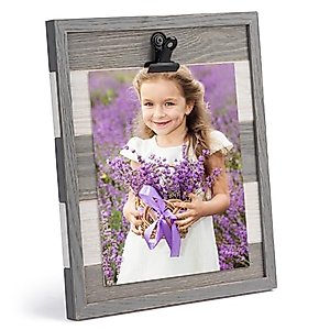 PETAFLOP Wooden Clip Picture Frame 5x7 Rustic, Handmade Farmhouse 5 by 7 Frame, Home Gallery Tabletop Decor for Display Photo Memo Artwork, Distressed White and Gray Strips
