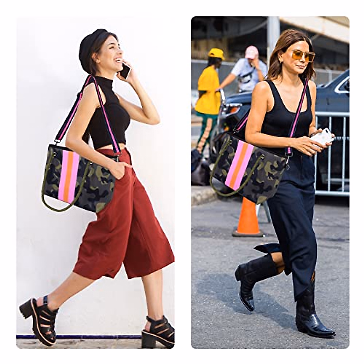 TANJUR Neoprene Medium Crossbody Bag Casual Shoulder Bag Lightweight Daily Hand Bag for Women with Zipper and A Small Purse（Green Camouflage Pink Stripe）