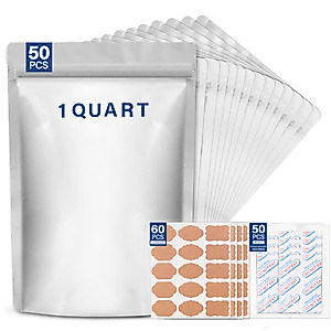 50 pcs Mylar Bags for Food Storage Reusable Mylar Bags with Oxygen Absorbers 400cc Thick 9.44 mil,Heat Sealable Mylar Bags for Food Storage Zipper Pouches (1 Quart, 10"x7")