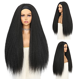 WIGNEE 26 Inches Kinky Straight Headband Wig for Women Yaki Straight Wigs with Black Headband Kinky Afro Wigs For Black Women