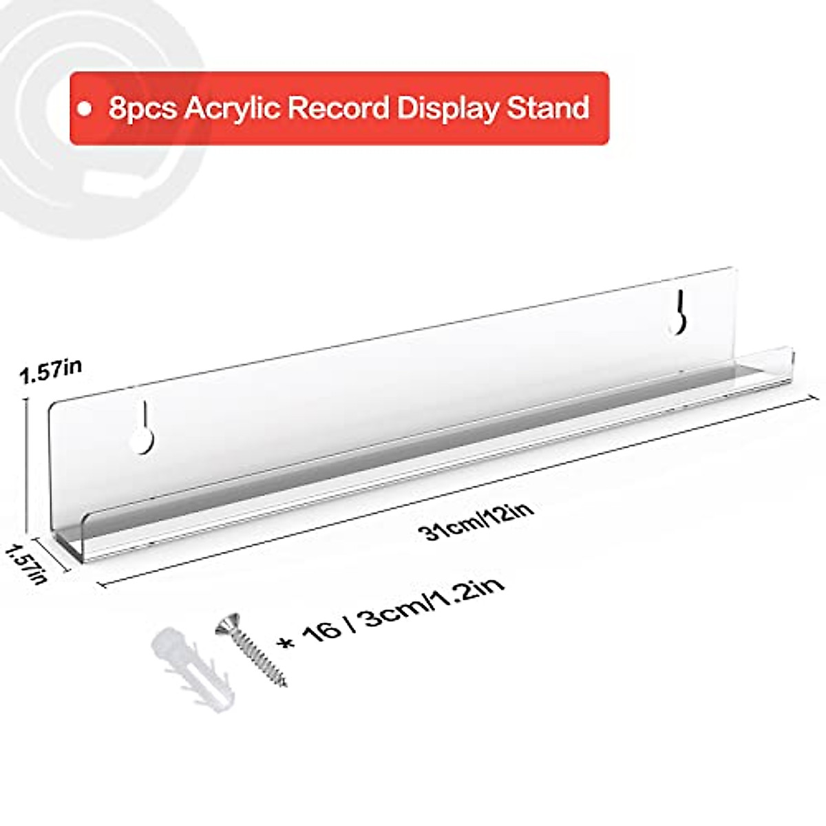 ULENDIS 12 Pack Vinyl Record Shelf Wall Mount, Clear Acrylic Album Record Holder for Display Daily Listening, Floating Shelves with Installation Hardware and Tools