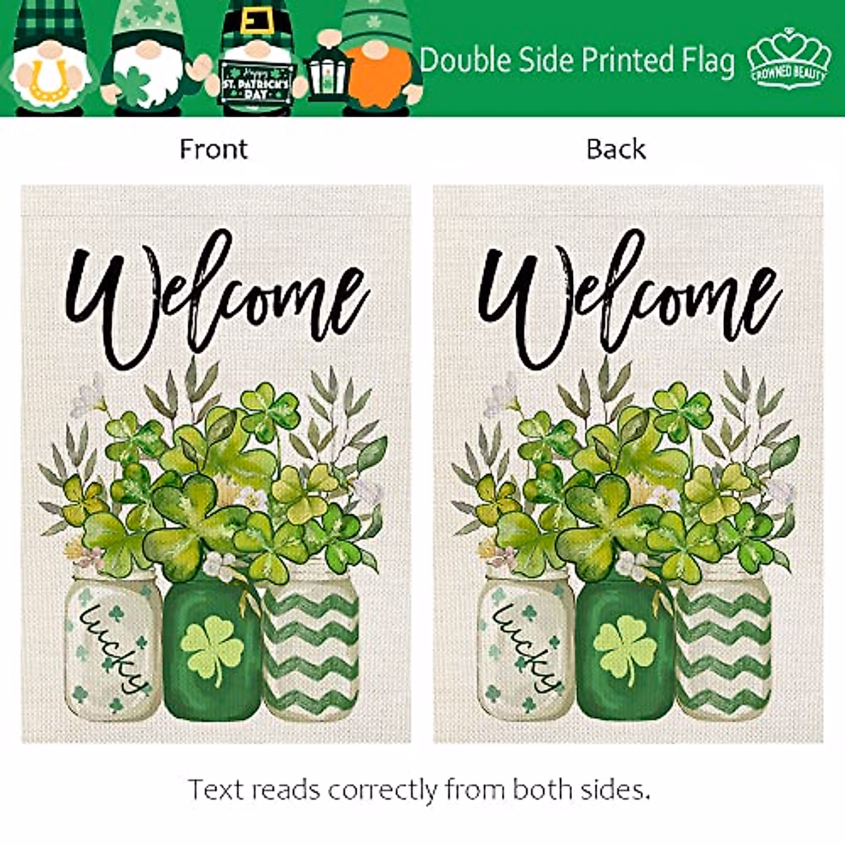 CROWNED BEAUTY St Patricks Day Garden Flag 12x18 Inch Double Sided for Outside Small Burlap Green Shamrocks Clovers Lucky Welcome Yard Holiday Flag CF725-12