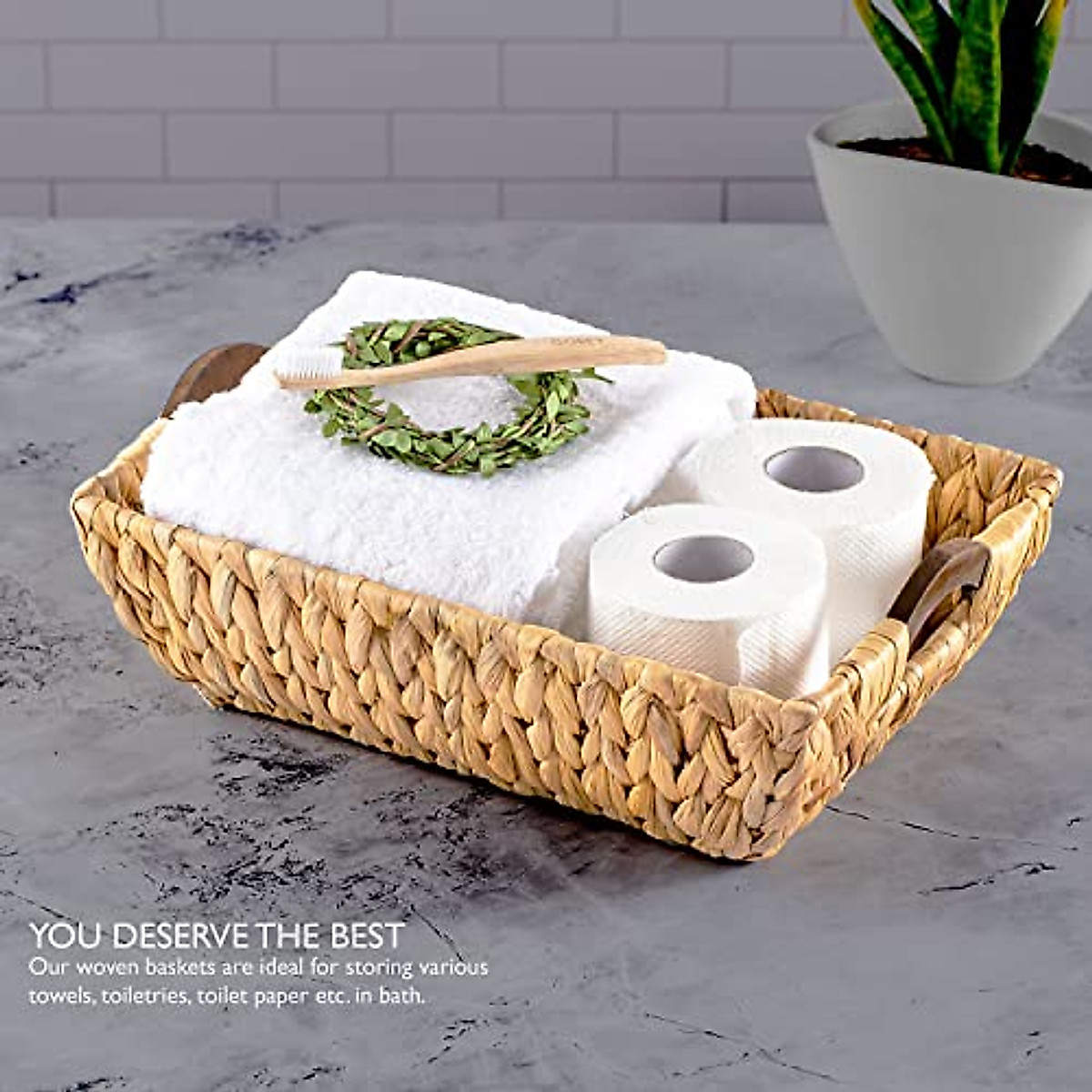 ADO Basics Large Water Hyacinth Hand Woven Basket with Stain Resistant Polished Wooden Handles, Storage Wicker Baskets 15" Length, 10.6" Width, 5.3" Height, Set of 2