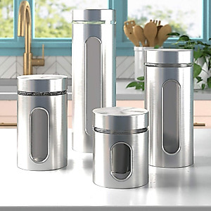 Quality 4pc Stainless Steel Canister Set for Kitchen Counter with Glass Window & Airtight Lids, Food Storage Containers, Pantry Storage & Organization Set for Coffee, Flour, Pasta, Rice, Spices, Herbs