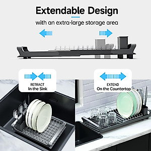 TOOCA BEAR Expandable Small Dish Drying Rack, Dish Racks for Kitchen Counter Dish Drainer with Removable Cutlery Holder, Dish Racks for Sink, Grey