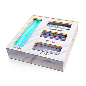 Bamboo Ziplock Bag Storage Organizer with Modern Marble Wrap Finish, Storage Holder for Plastic Food Bags, Sandwich, Quart, Snack, and Gallon Sized Slots