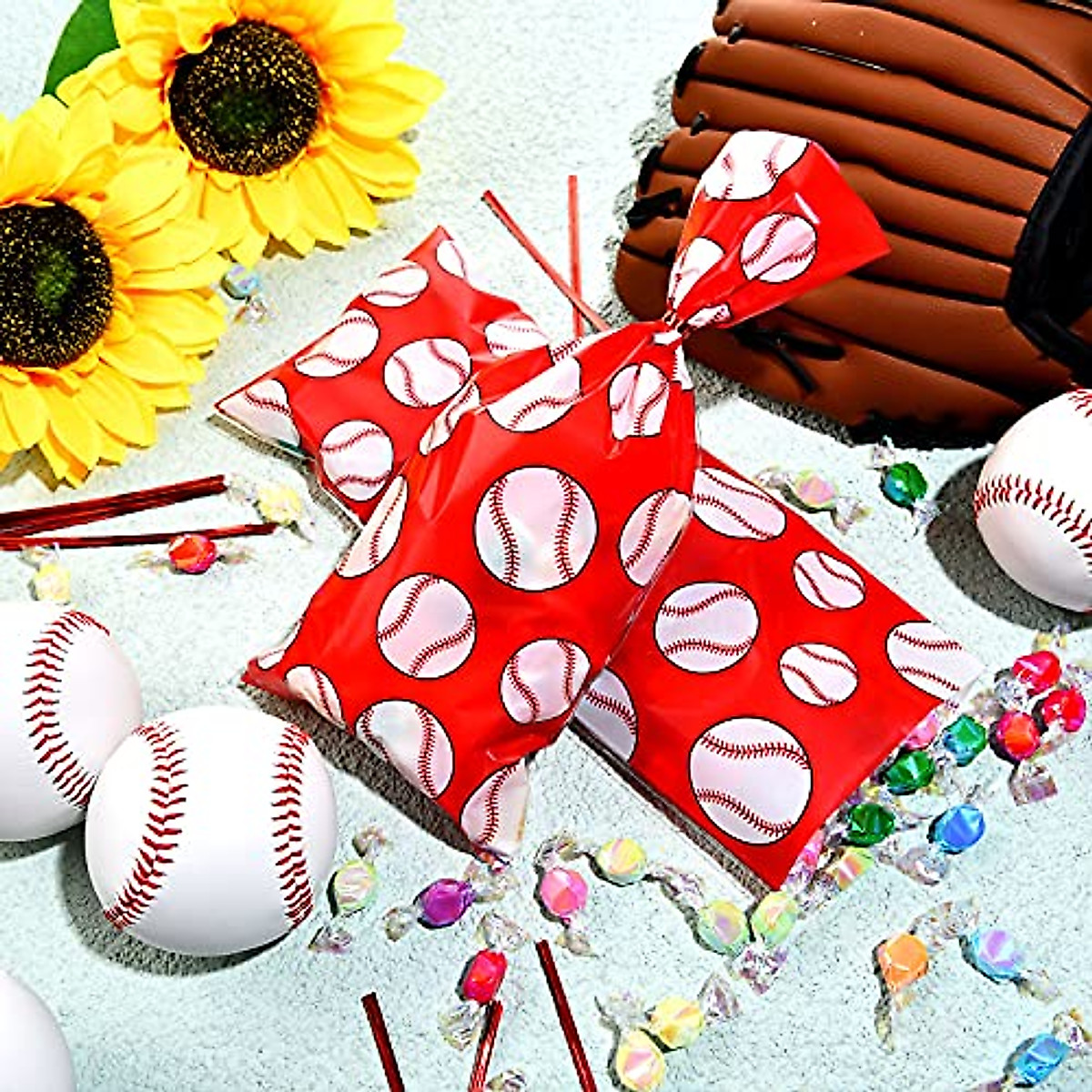 100 Pieces Baseball Treat Candy Bags Baseball Cellophane Bags Baseball Goody Plastic Bags with 200 Pieces Twist Ties for Baseball Birthday Party Supplies Decorations (Red)