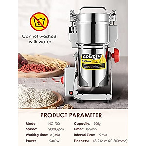 CGOLDENWALL 700g Electric Grain Grinder Mill Safety Upgraded 2400W High-speed Spice Herb Grinder Commercial Superfine Grinding Machine Dry Cereals Pulverizer CE 110V (700g Swing Type)