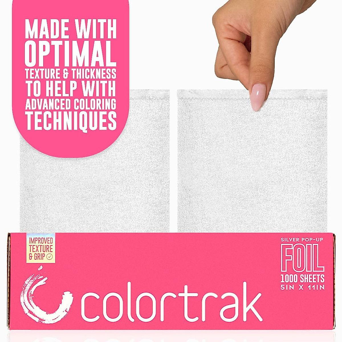 Colortrak Embossed Sheets Silver Aluminum Foil Pop-up Dispenser, 1000 Pre-cut Sheets Non-slip Textured Silver 5 x 11 Sheets for Hair Foil Coloring and Highlighting Sheet Applications